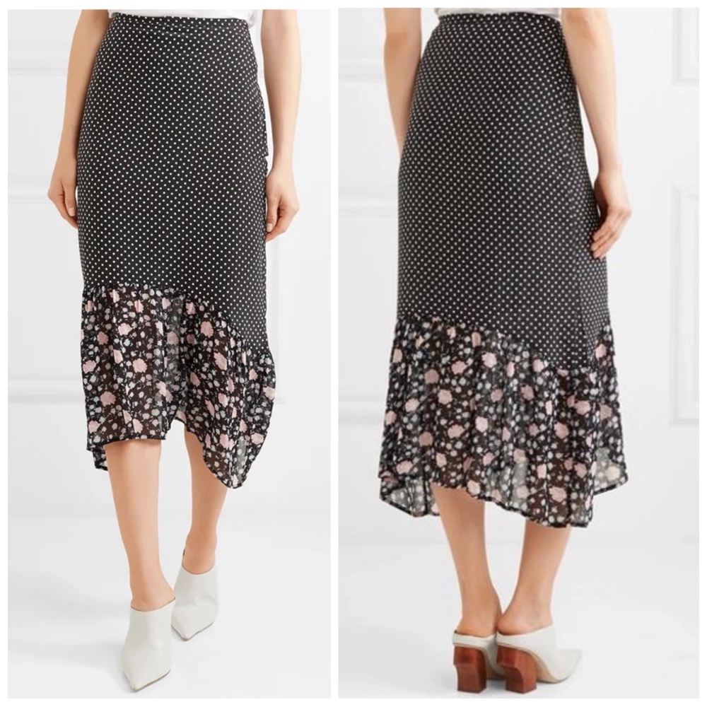 Rixo Leandra Black Polka-Dot Silk-Crepe Midi Skirt Si… - Gem